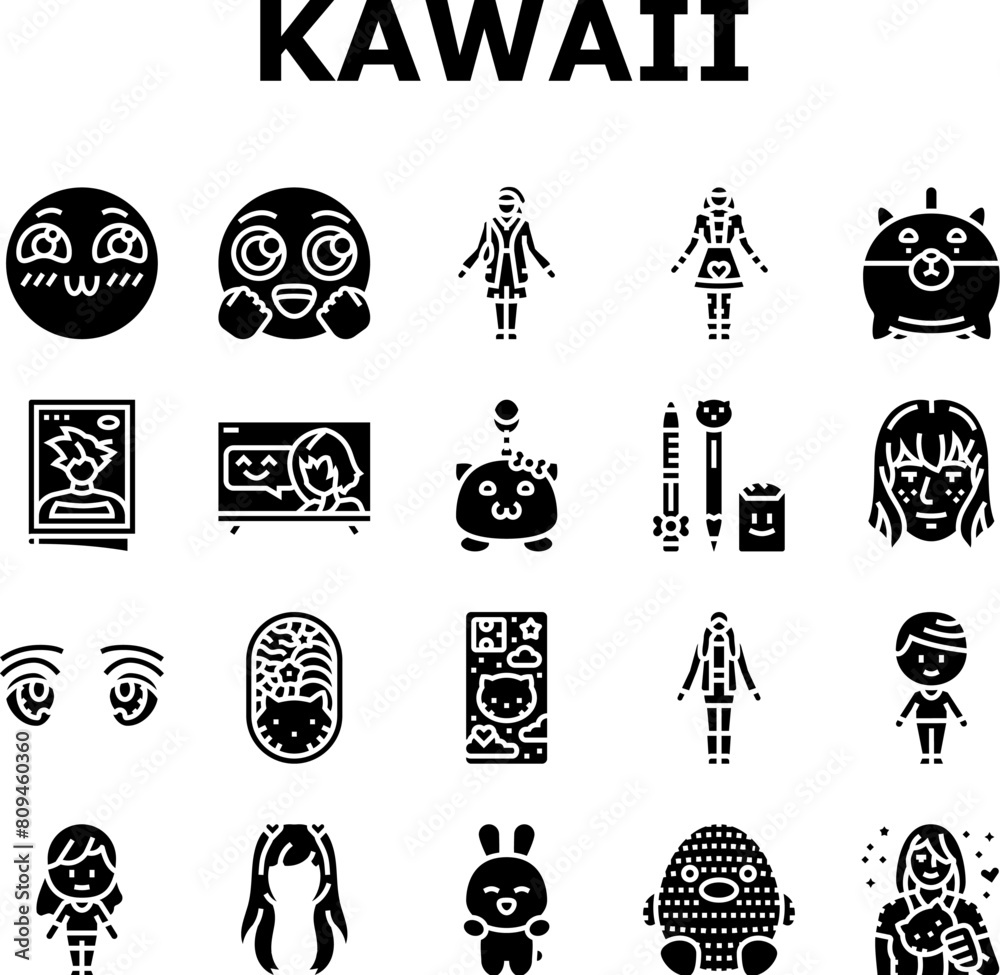 kawaii cute anime emoticon icons set vector. girl manga, rainbow art ...