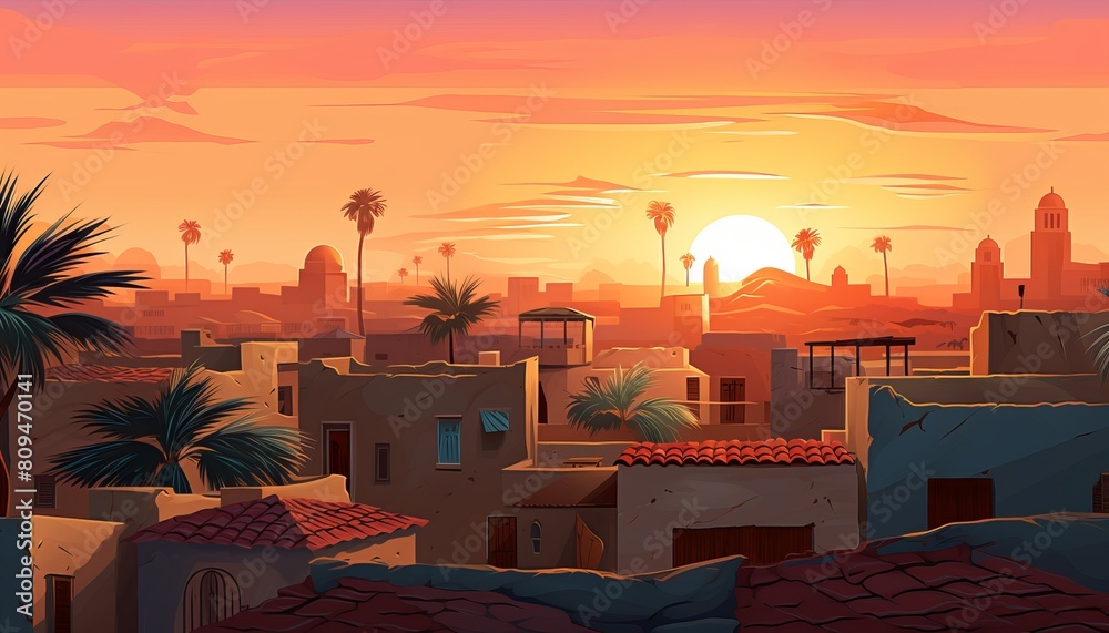 Captivating sunset over a traditional Middle Eastern village with ...