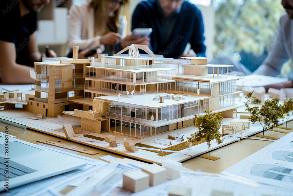 An architectural team brainstorming over blueprints, using scale models ...