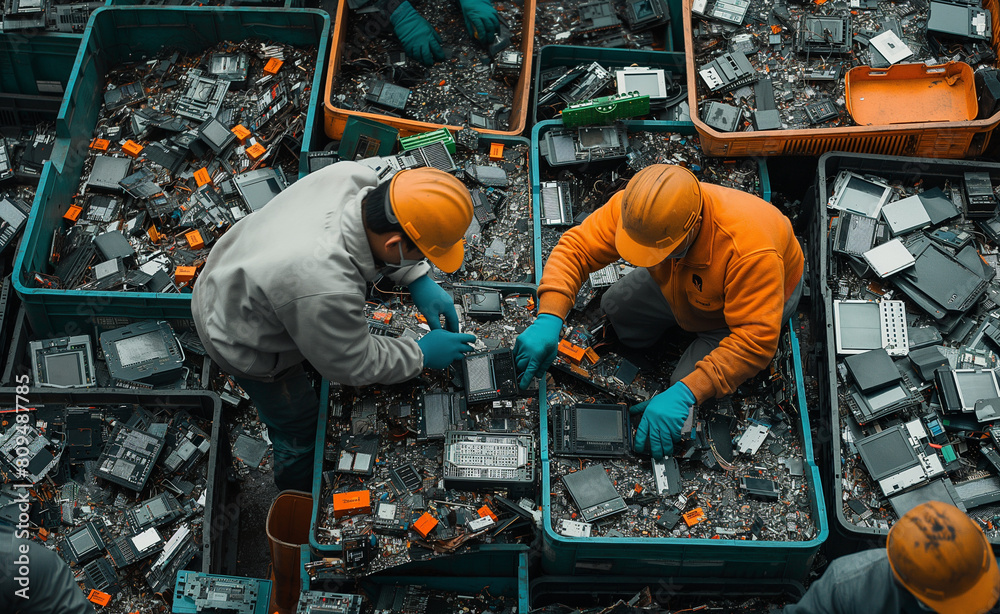 Electronic waste sorting center. Focus on workers disassembling parts ...