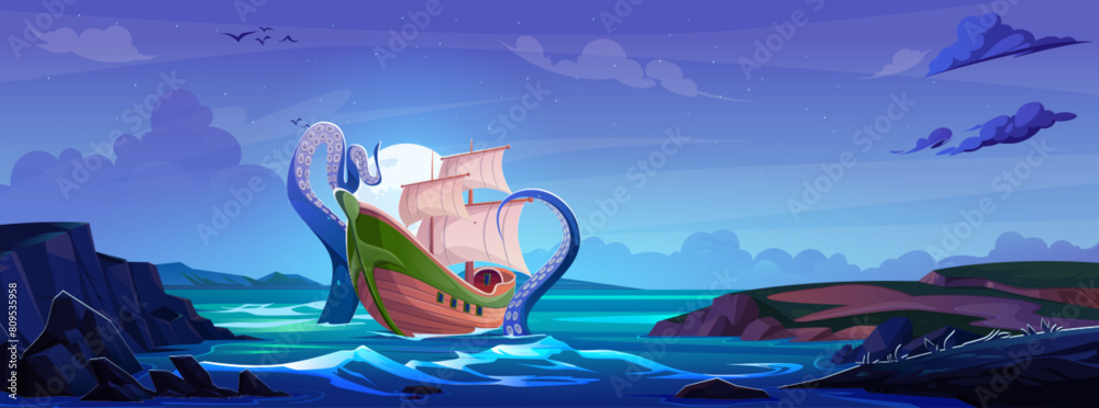 Sail boat in sea with fantasy kraken tentacles at night. Monster ...