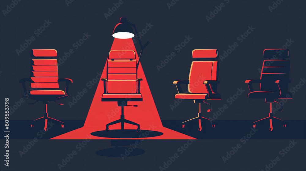 illustration of an empty office chair on the center stage, illuminated ...