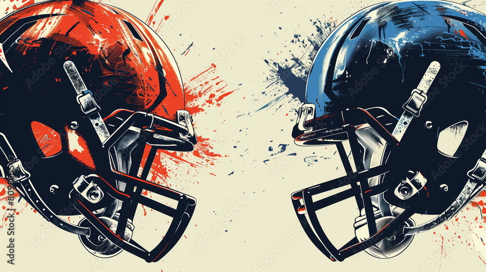 an aggressive sports graphic of two football helmets facing off for a ...