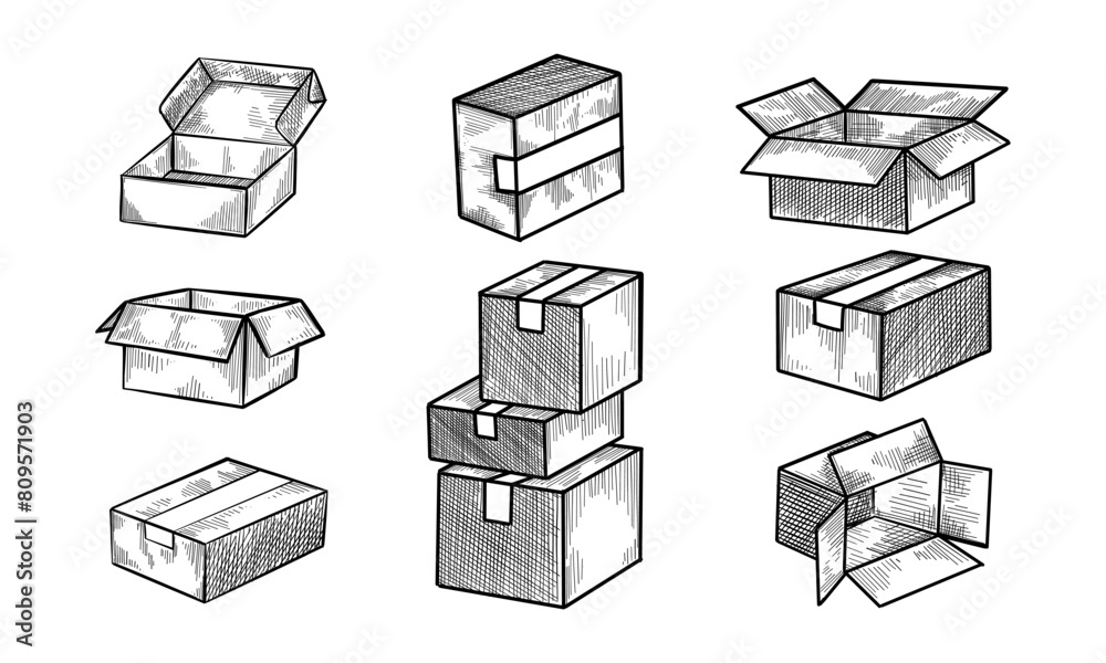 Cardboard boxes set. Closed and open empty postal packages collection ...