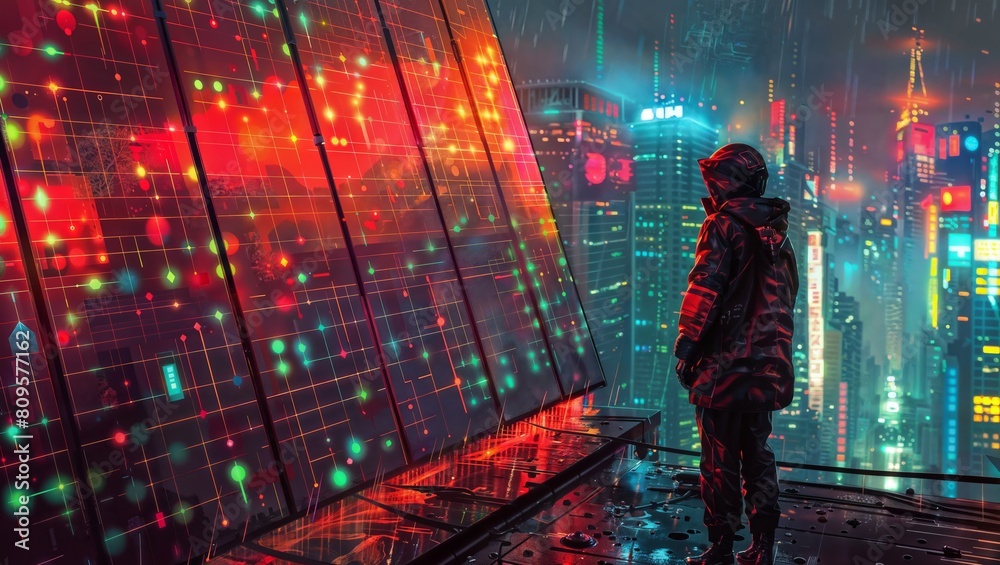 Cyberpunk-style digital art featuring a hooded figure overlooking a ...