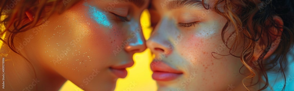Lesbian couple embrace touching noses, eyes closed, close up，Proud ...