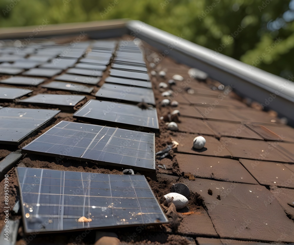 Solar panels on the roof of a house covered with pigeon droppings and ...