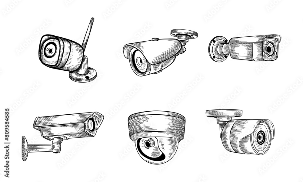 Hand drawn doodle security cameras set. Vector illustration. Isolated elements on white ...