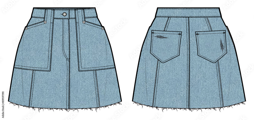 Women’s Jeans, skirts, Denim Jacket, Front and Back View Vector Fashion ...