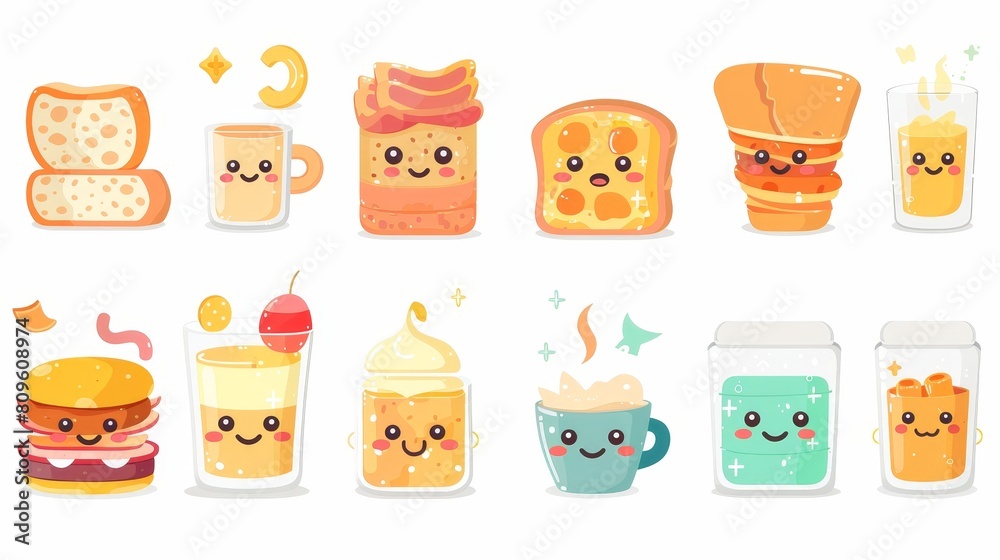 Cartoon characters in cute kawaii styles. Stickers with toast, sandwich ...