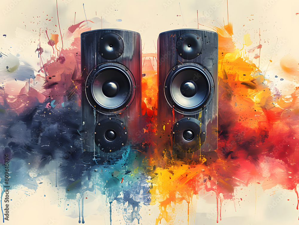 Speakers with explosive colorful paint splash on a light background ...