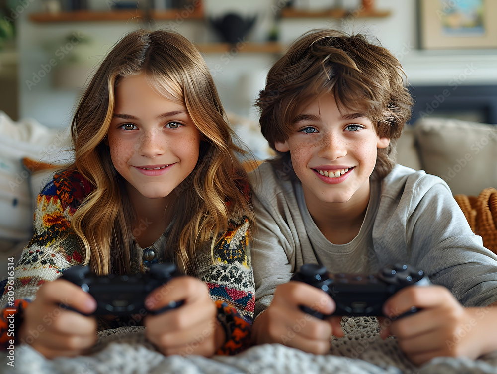 Brother and sister playing video games together on a couch. Studio ...