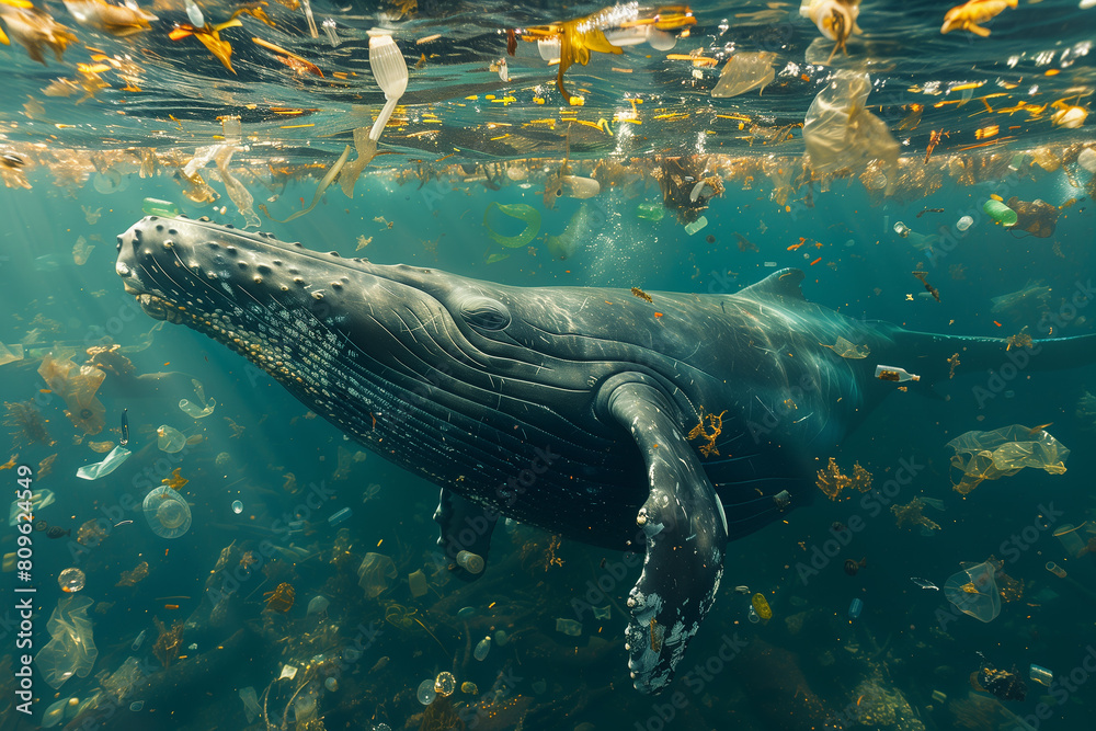Humpback whale swimming in polluted ocean water with plastic debris ...