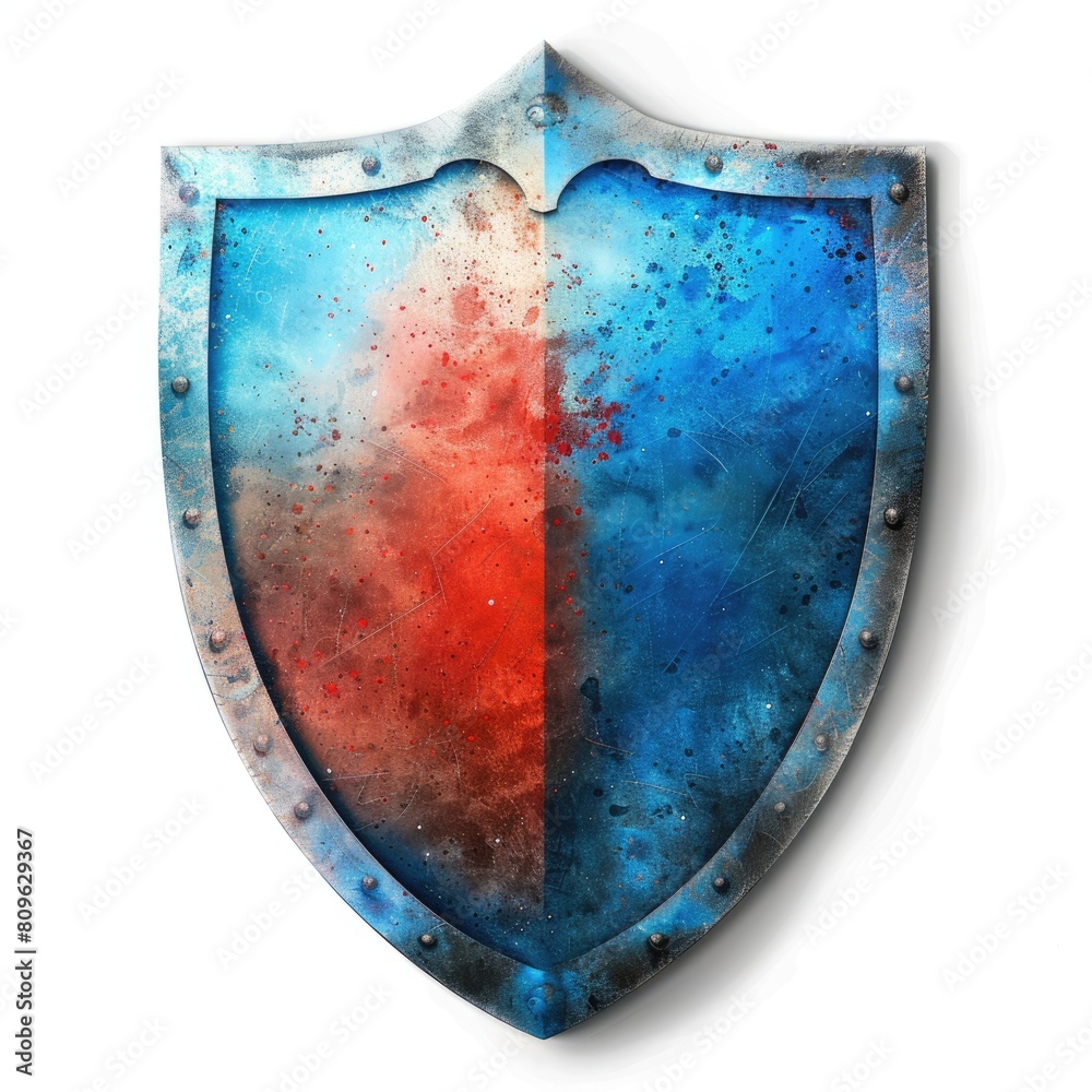 3D Render Vintage Style Metal Armor Shield in Blue and Red Color. Stock ...