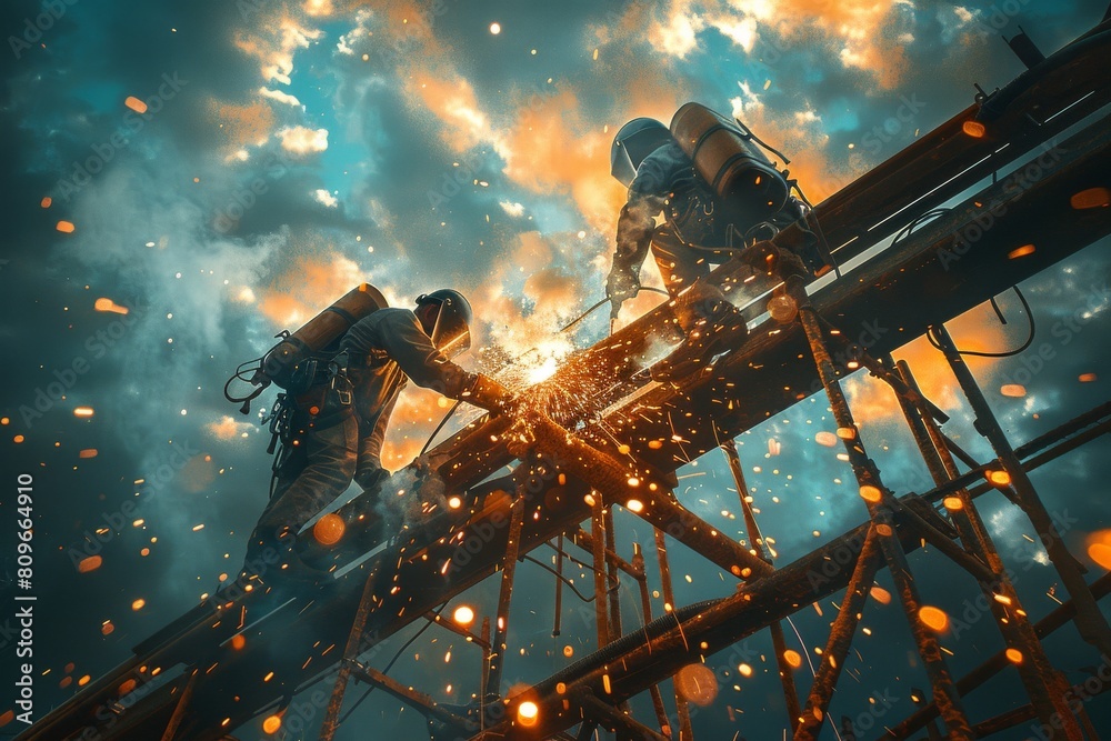 Two welders work on a metal structure with sparks flying around them ...