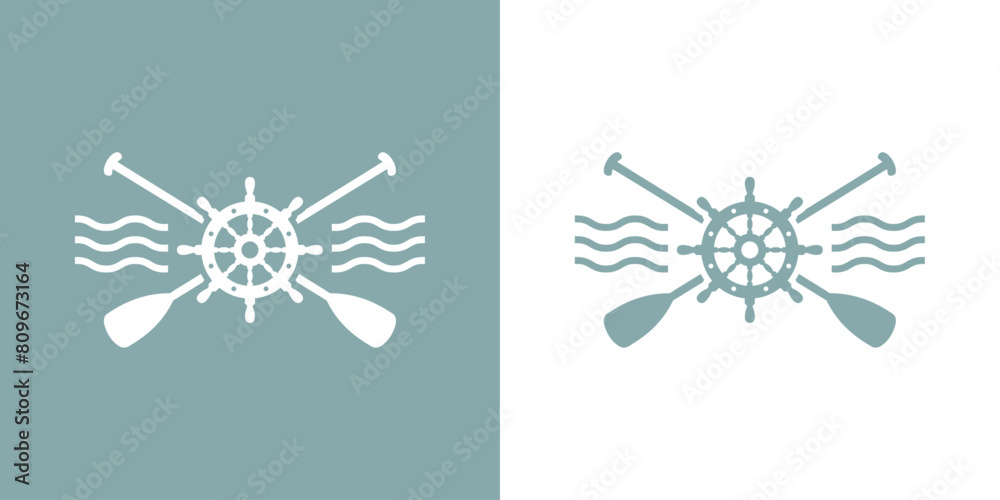 Logo nautical. Silueta de volante de timón de barco con remos cruzados ...