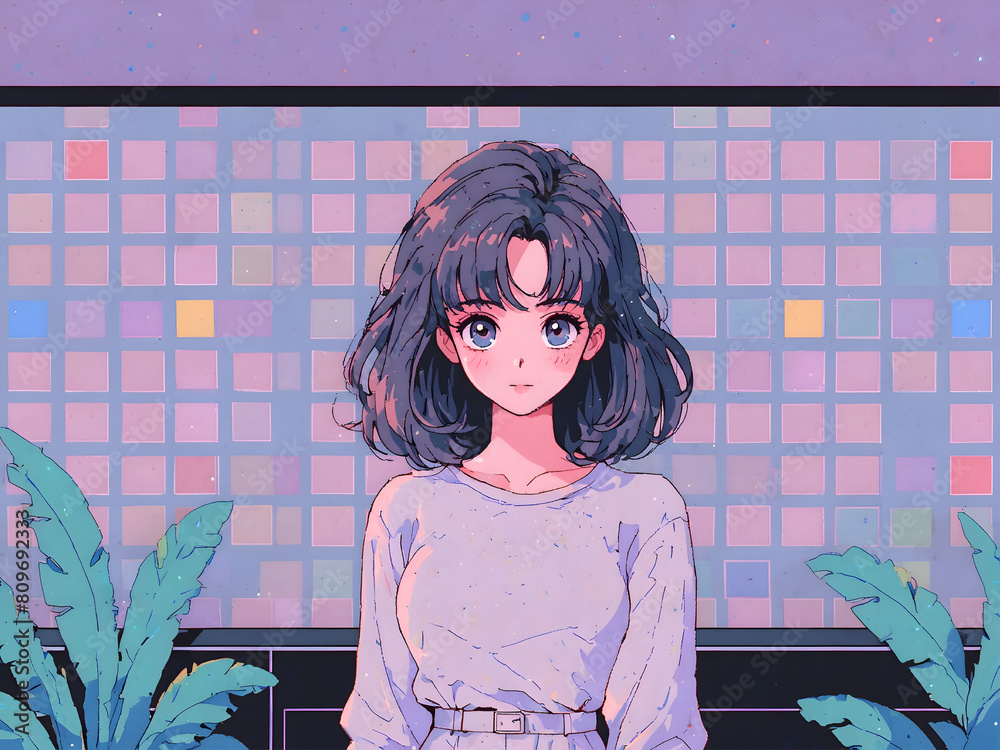 Retro 1980s anime girl with a backdrop of vibrant geometric shapes ...