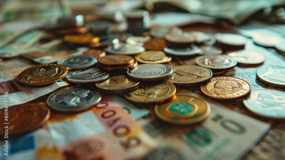 Close-up 45 degree field of view : Coins and banknotes lay scattered on ...