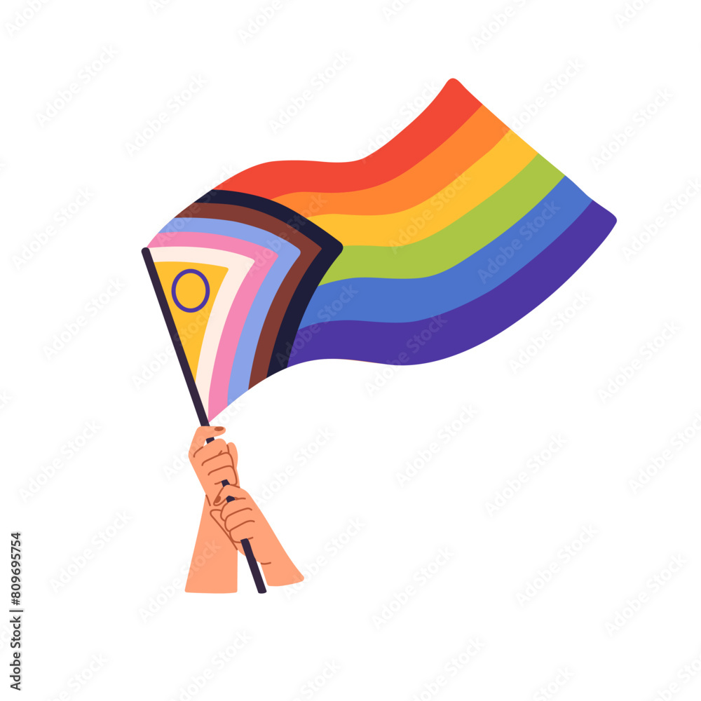 Activist holds intersex inclusive progress flag in hand. Person waving ...