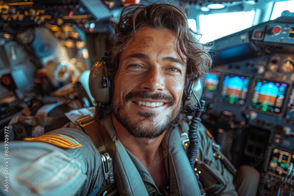 A pilot with a charming grin wearing a flight suit and headset in the ...
