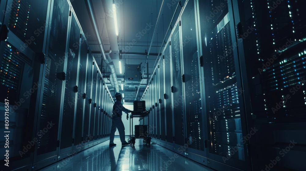 Typical modern data center: Engineer and IT professionals work on a ...