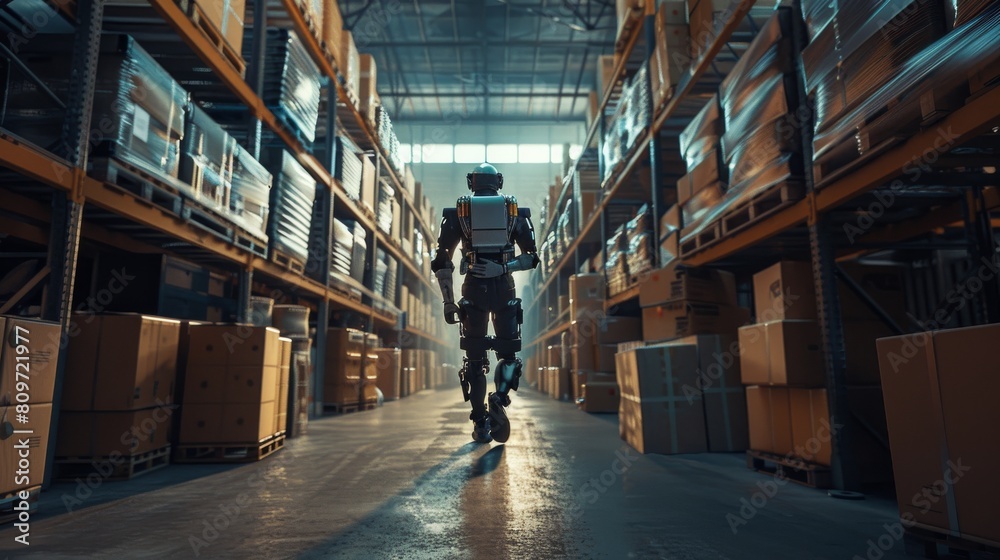 An advanced full body powered exoskeleton is worn by a worker who lifts ...