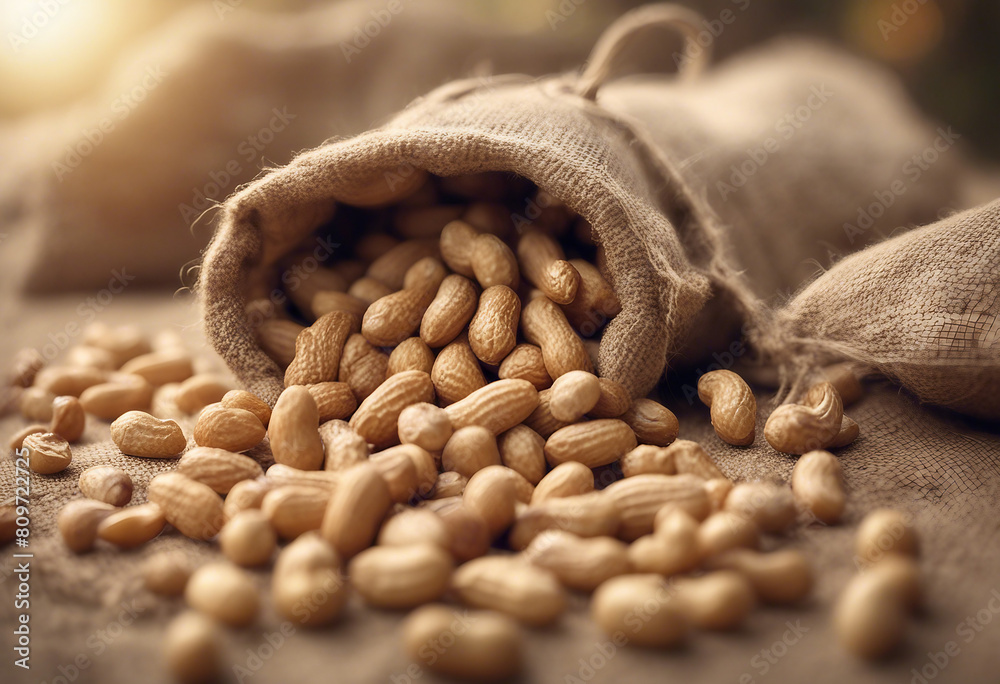 Peanuts in jute sack bag, background is peanut farm, roasted peanuts ...