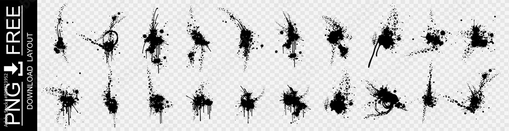 Big set of black splashes, blots and spots on a transparent background ...