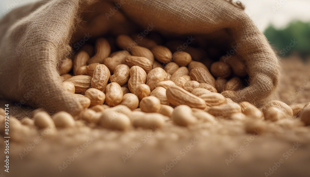 Peanuts in jute sack bag, background is peanut farm, roasted peanuts ...