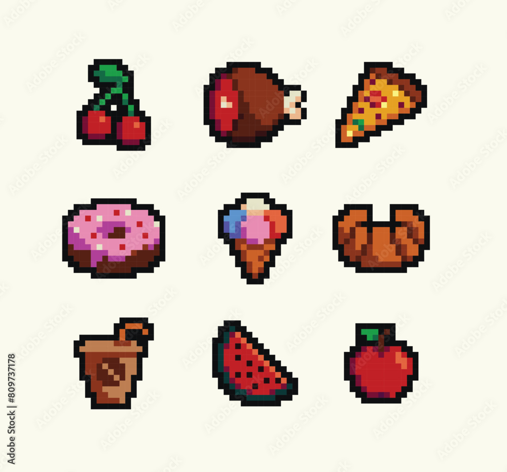 Food pixel art 80s style icons element design stickers, logo, mobile ...