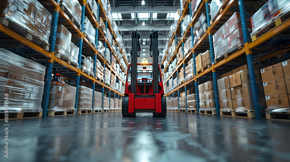 Forklift doing storage in warehouse by artificial intelligence automation. Robotics applied to ...