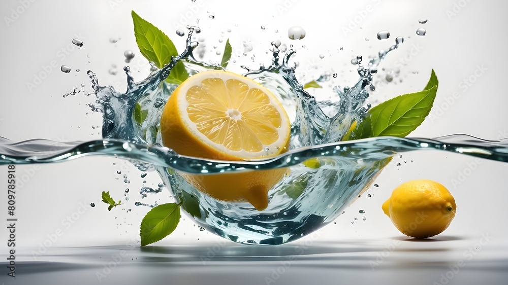 Isolated lemon water splash on a translucent white background, png. Water splash, leaves, and a ...