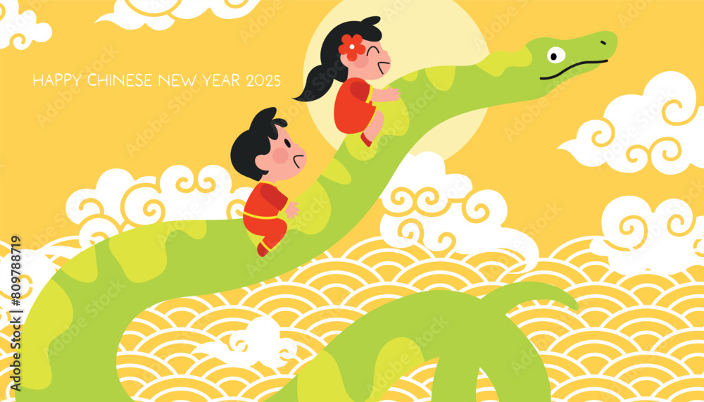 Chinese new year of the snake children riding zodiac snake. Lunar new ...