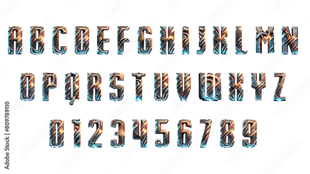 Collection of 3D ancient mythical sculpture alphabets with lighting ...