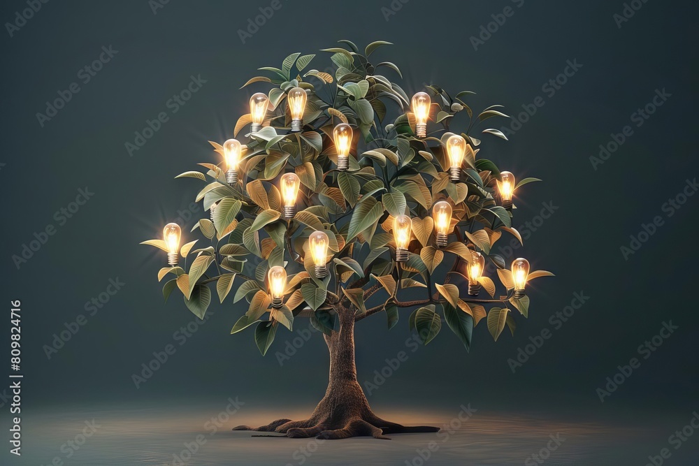 imaginative tree of innovation with lightbulbs as leaves representing growth of creativity and ...