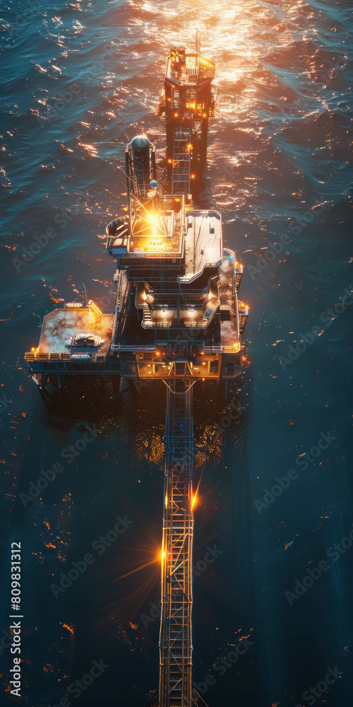 High resolution drone image of an open oil drilling rig bathed in soft ...