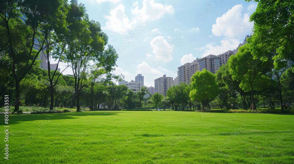 Lush green trees in a park offer refreshing scenery against the ...