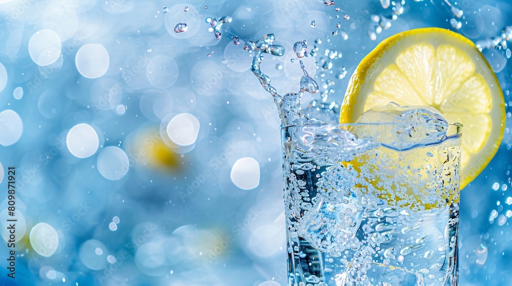 This image shows a lemon slice splashing into a clear, fizzy drink with ...