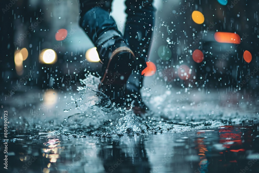 A close-up of a soaked person walking through a downpour, raindrops ...