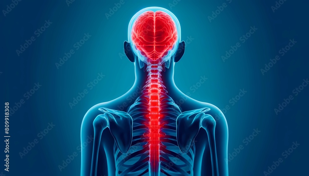 X-ray image of a human head and cervical spine highlighting areas of ...