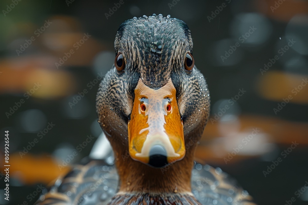 Detailed portrait of a mallard duck with clear wet feathers ...