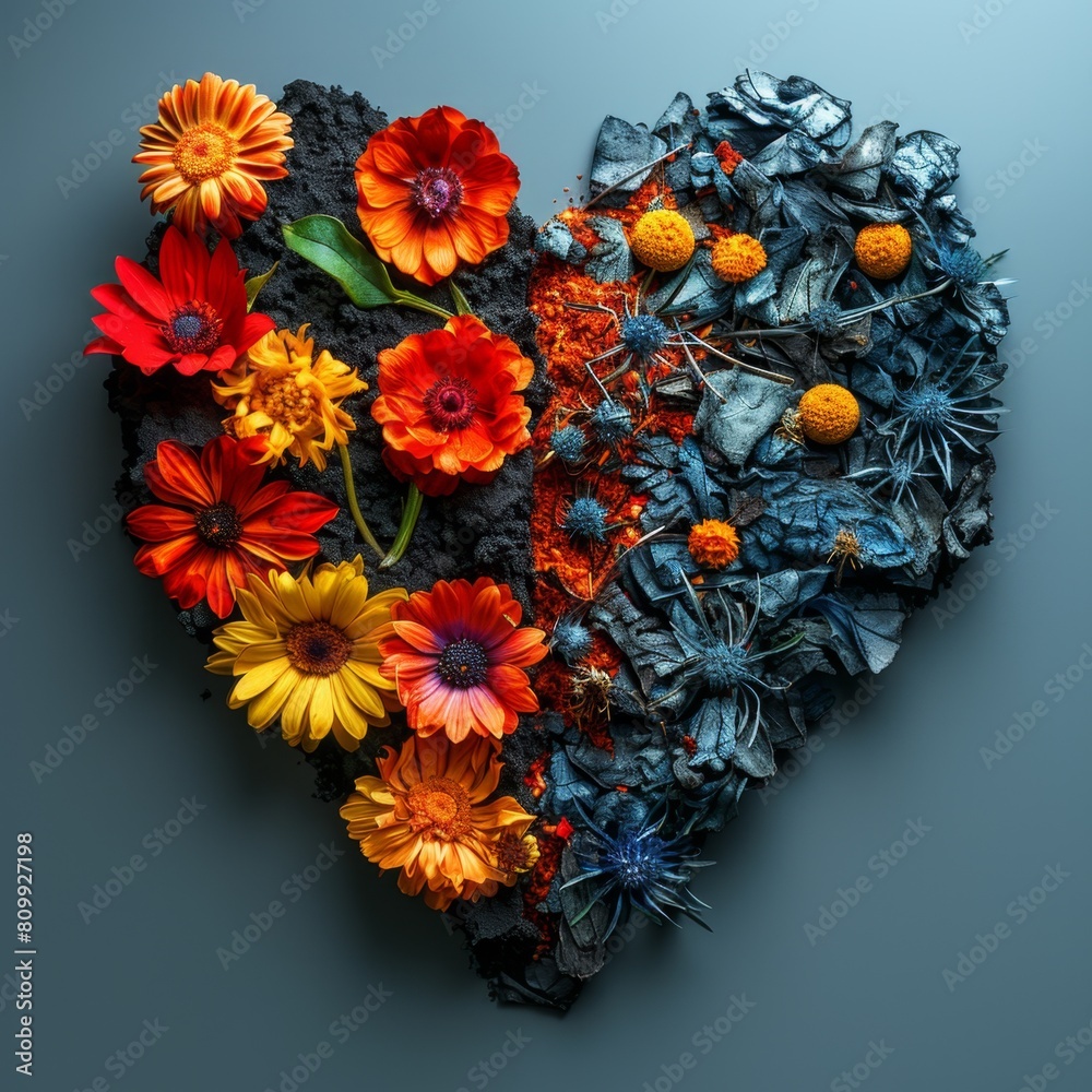 A heart, half red soil full of flowers, half black soil, withered ...