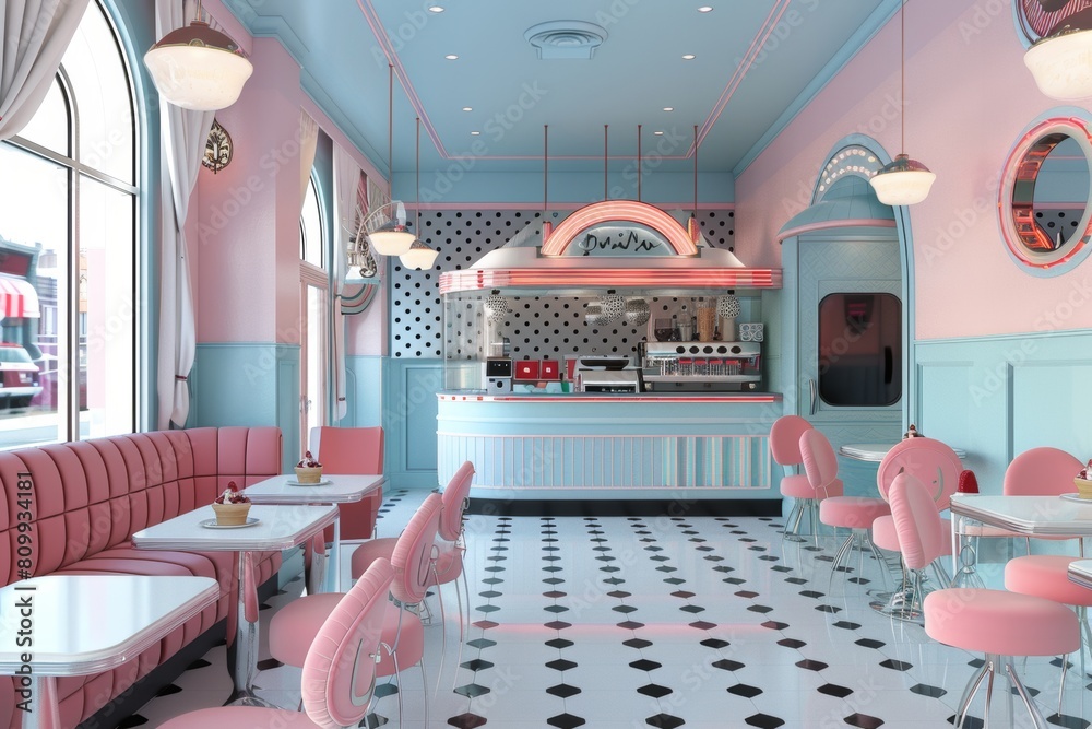 Stylish retro diner featuring pink booths, a classic checkerboard floor ...