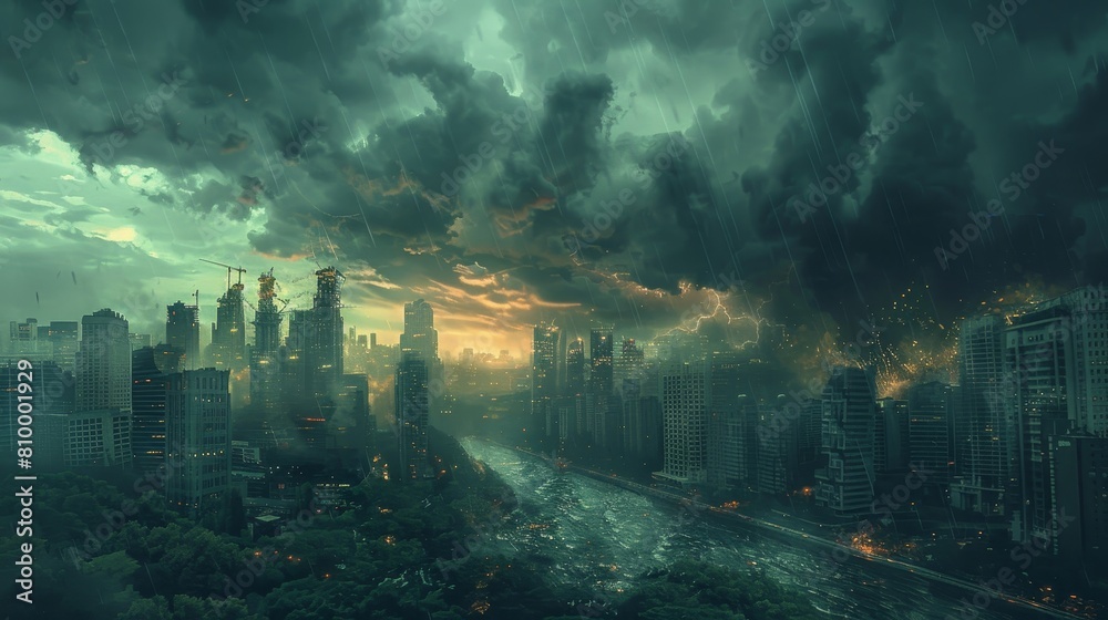 Concept art of a city skyline with dark storm clouds above, acid rain ...