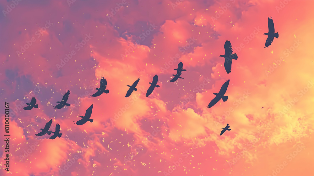 A flock of migratory birds flying across a sunset sky, their ...