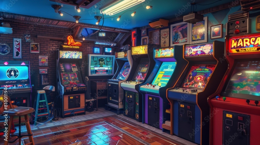Retro arcade room with old video game machines with soft neon lights in high resolution and high ...