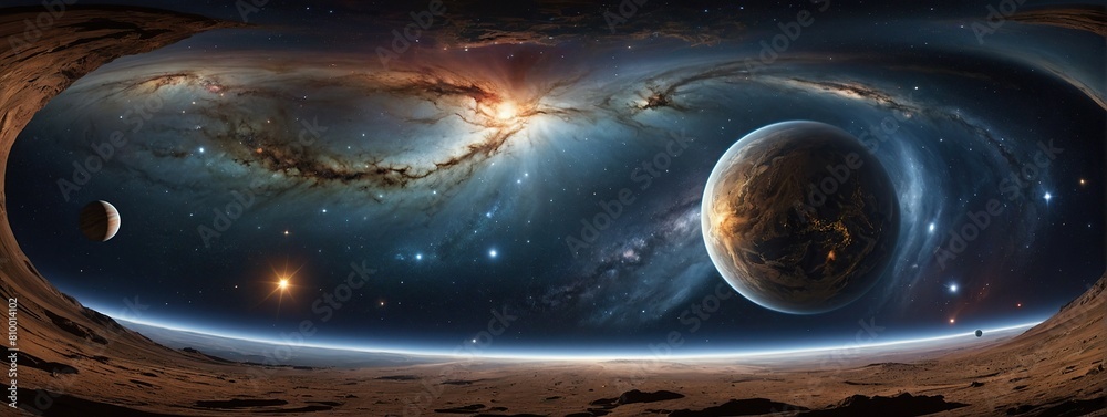 360 degree equirectangular projection space background with nebula and ...