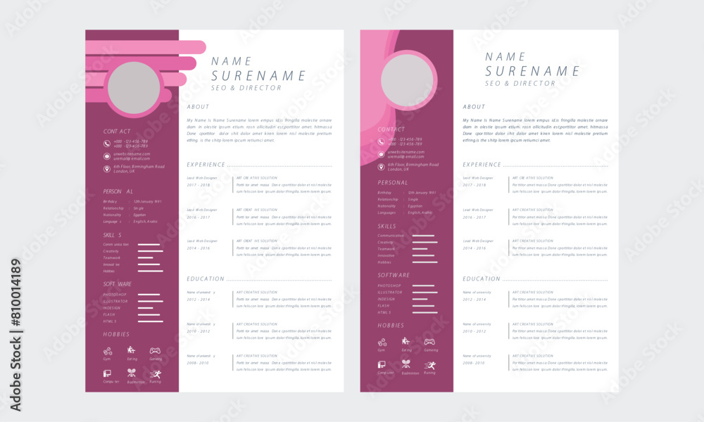Pink curriculum vitae template layout Stock Vector | Adobe Stock