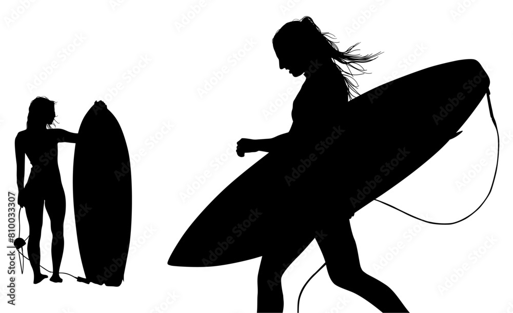 surfistas, contraluz, vector, tabla, surf, mar, atardecer, mujer ...