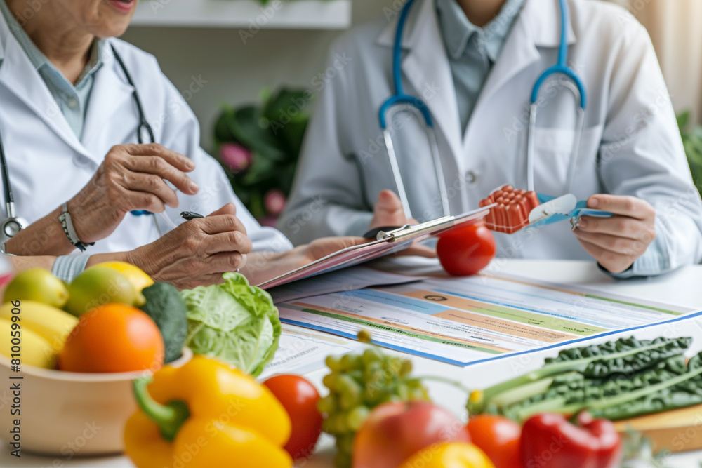 Zoomed-in shot of a dietitian discussing nutritional guidelines with a ...
